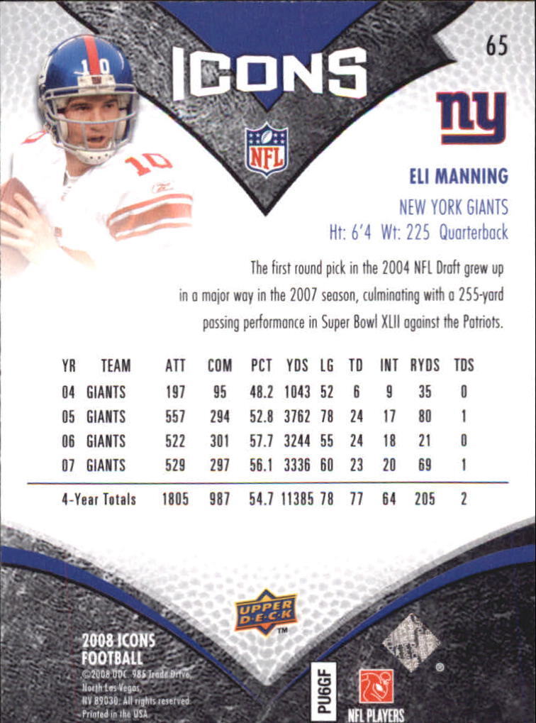 Eli Manning 2008 Upper Deck Icons Series Mint Card #65 | The Strictly ...