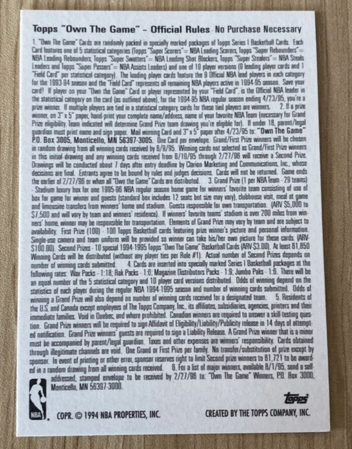 Gary Payton 1994 1995 Topps Own the Game Super Stealer Series Mint Car ...