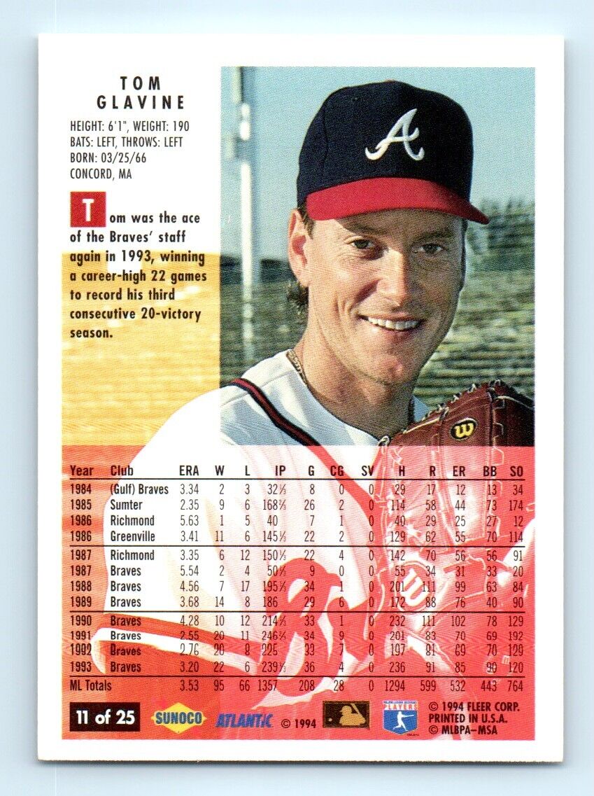 Tom Glavine 1994 Fleer Sunoco Atlantic Series Mint Card #11 | The ...