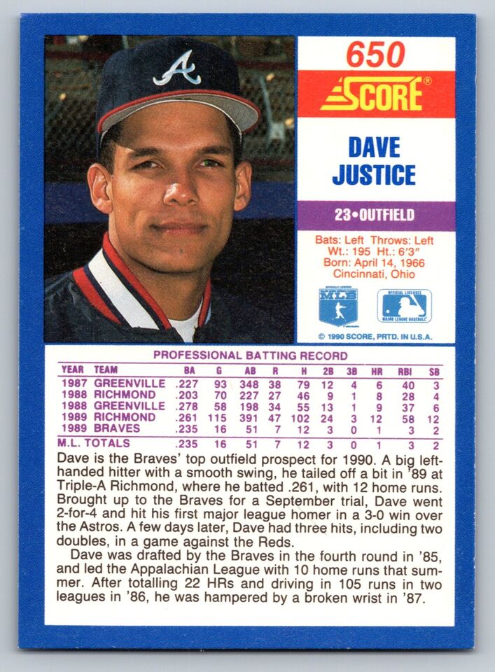 Dave Justice 1990 Score Series Mint RookieCard #650 | The Strictly Mint ...