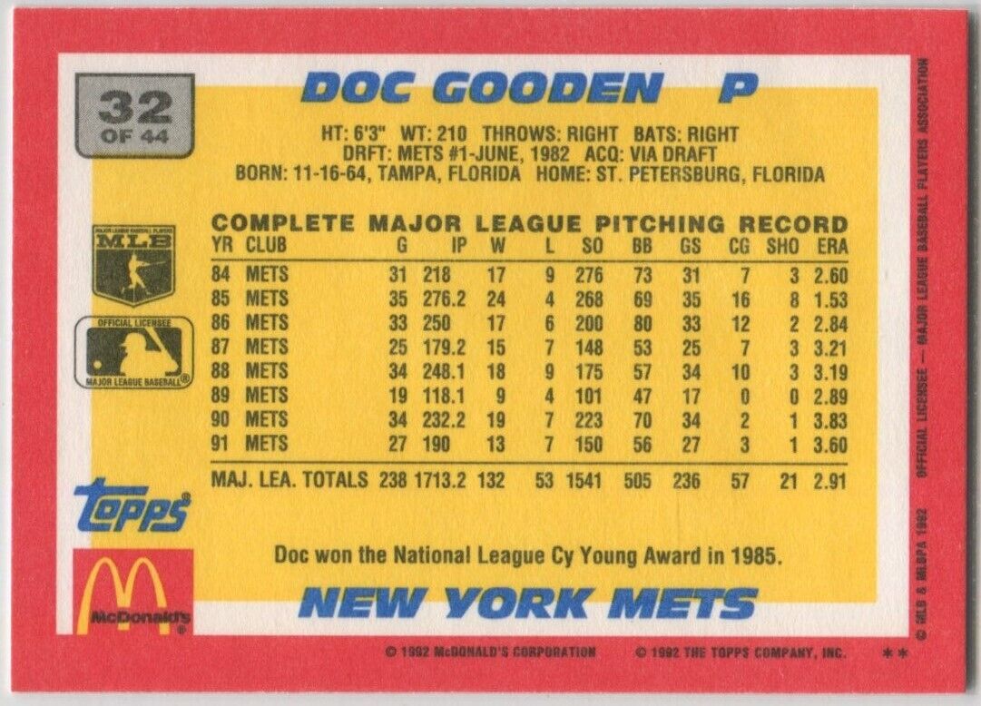 Dwight Gooden 1992 Topps Gold McDonalds Baseballs Best Series Mint Car ...