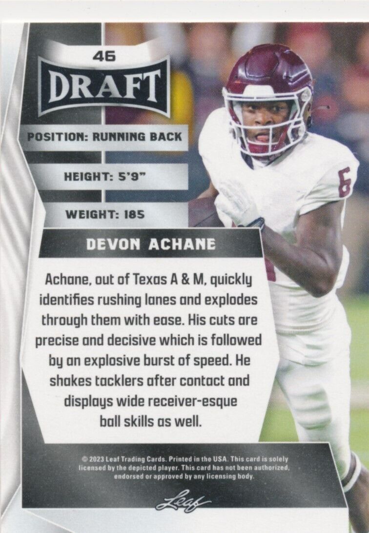 Devon Achane 2023 Leaf Draft Rookie Gold Series Mint Card #46 | The ...