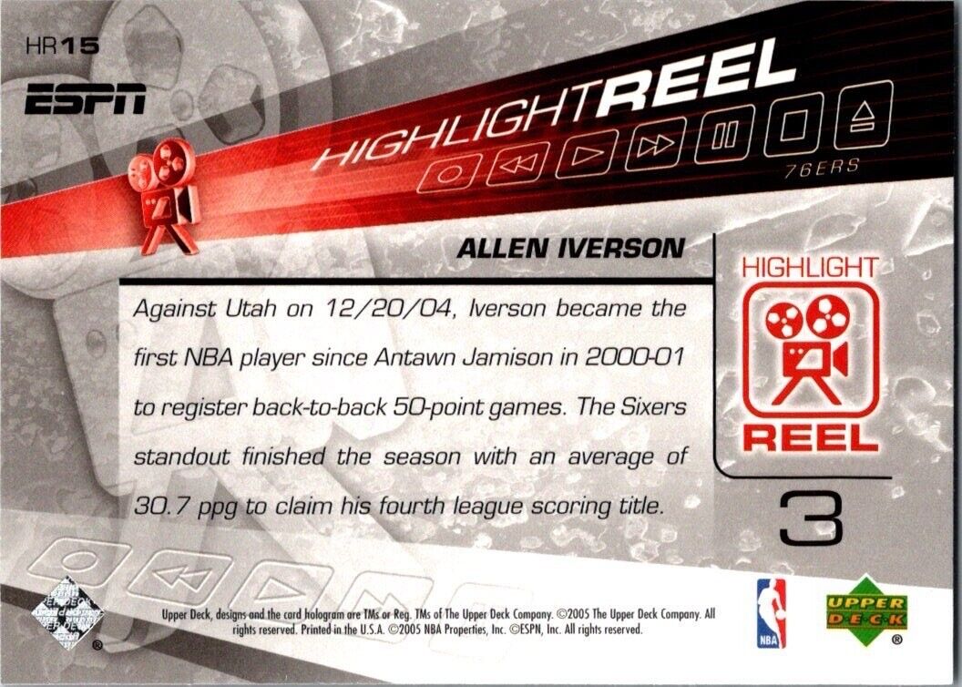 Allen Iverson 2005 2006 Upper Deck ESPN Highlight Reel Series Mint Car ...