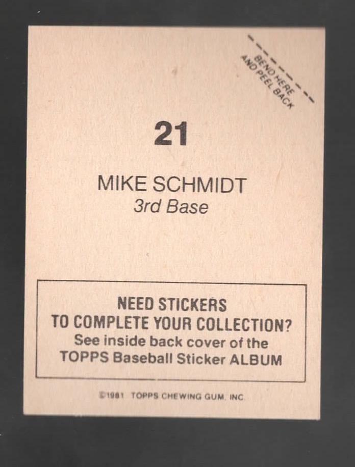 Mike Schmidt 1981 Topps Baseball Sticker #21 | The Strictly Mint Card ...