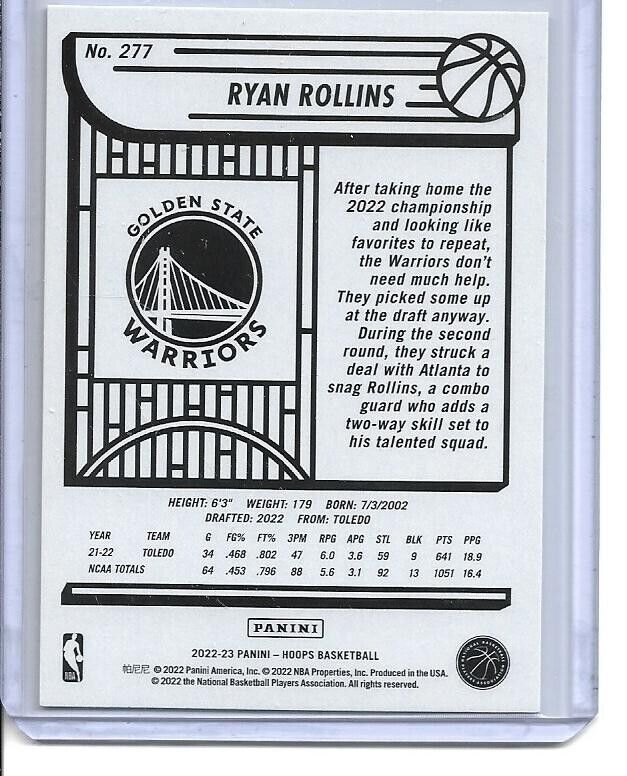 Ryan Rollins 2022 2023 Panini Hoops Basketball Series Mint Rookie Card ...