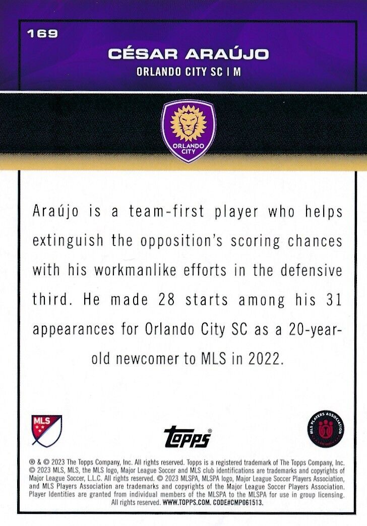Cesar Araujo 2023 Topps MLS 22 Under Series Mint Card #169 | The ...