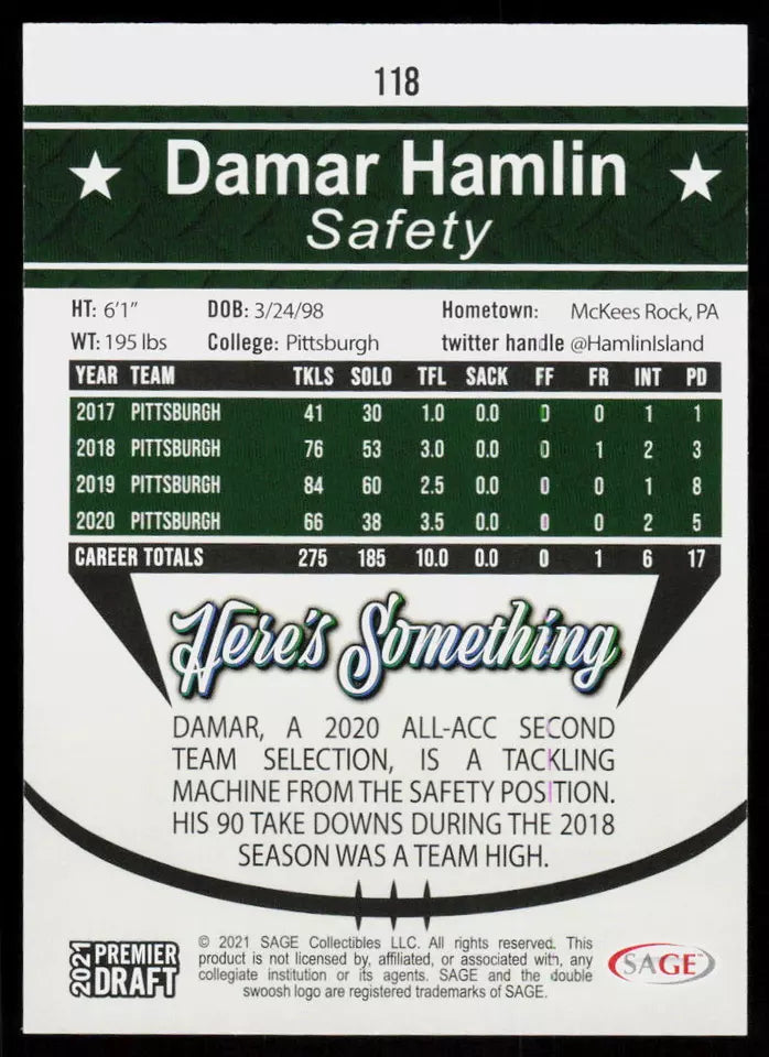 Damar Hamlin 2021 SAGE Premier Draft Series Mint Card #118 | The ...