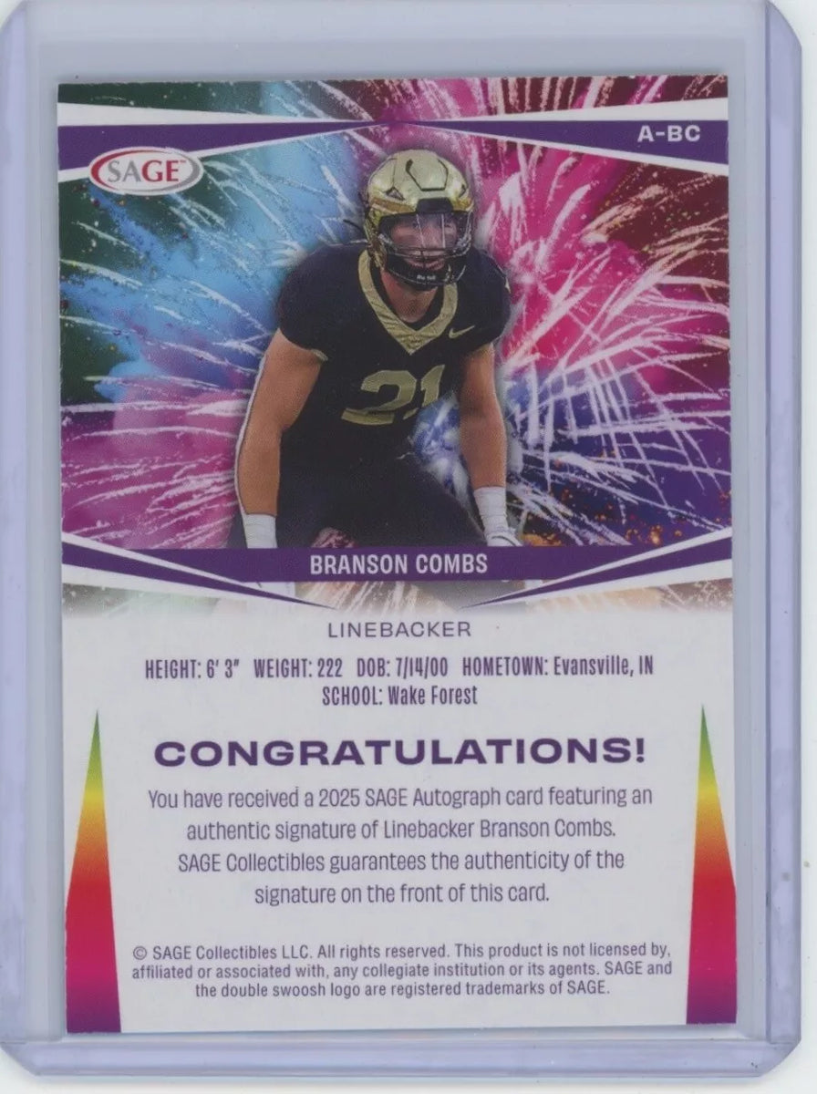Branson Combs 2025 Sage Rookie Card Autograph Series Mint Card # A-BC ...