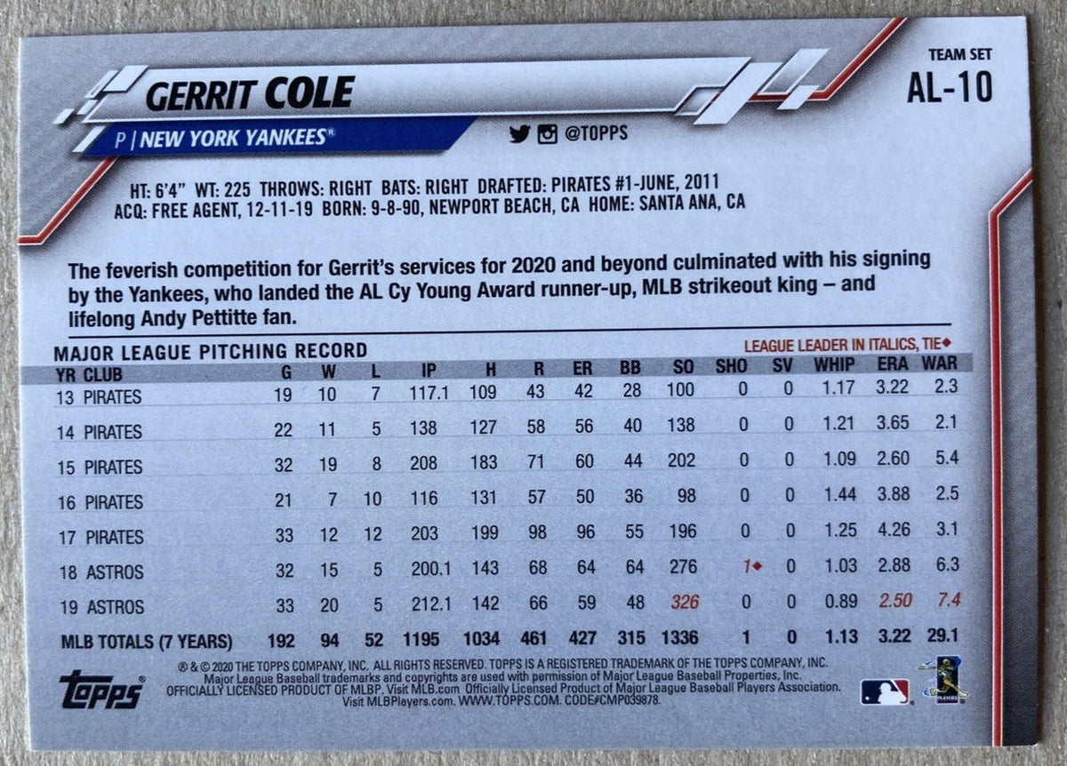 Gerrit Cole 2020 Topps Limited Edition Card #AL-10 Found Exclusively i ...